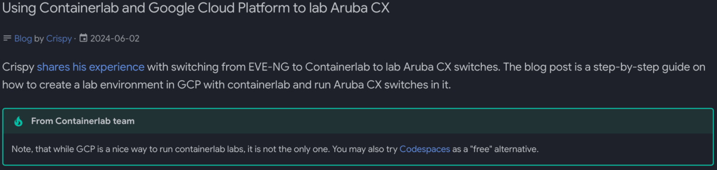 Aruba CX lab with Containerlab and GitHub Codespaces – CrispyFi Blog