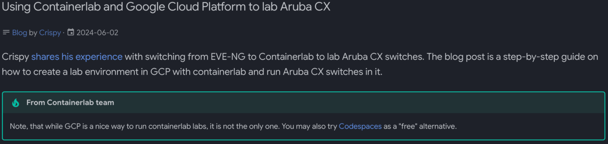 Aruba CX lab with Containerlab and GitHub Codespaces – CrispyFi Blog